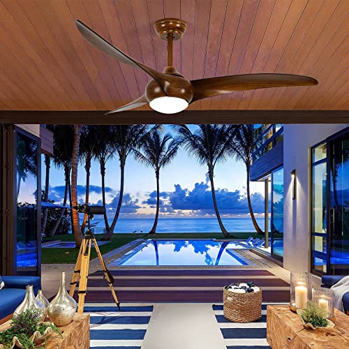 ARONKID 52 Inch Wave Design Ceiling Fan with Lights, Indoor and Outdoor Ceiling Fans with Remote,Dimmable (3000K-6000K), 3 Plywood Blades,Reversible,Walnut