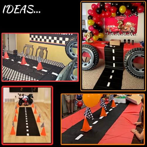 38 Pcs Set - 12 Traffic Cones With Hole on Top, 24 Checkered Flags, Racetrack Floor Runner - for For Race Car Birthday Party Supplies, Table Centerpiece Decorations for Kids by 4E's Novelty