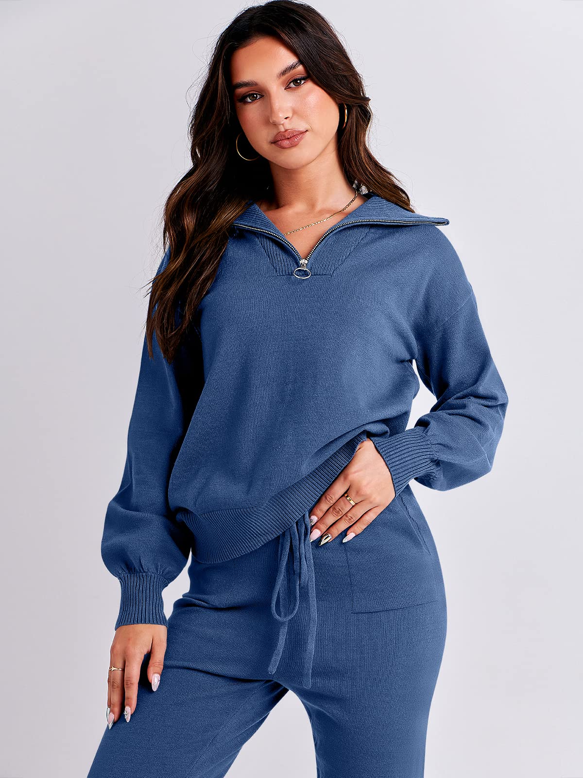 ANRABESS Women's Two Piece Outfits Sweater Sets Long Sleeve Zip Up Knit Pullover Jogger Pants Tracksuit 2024 Fall Lounge Sets Small
