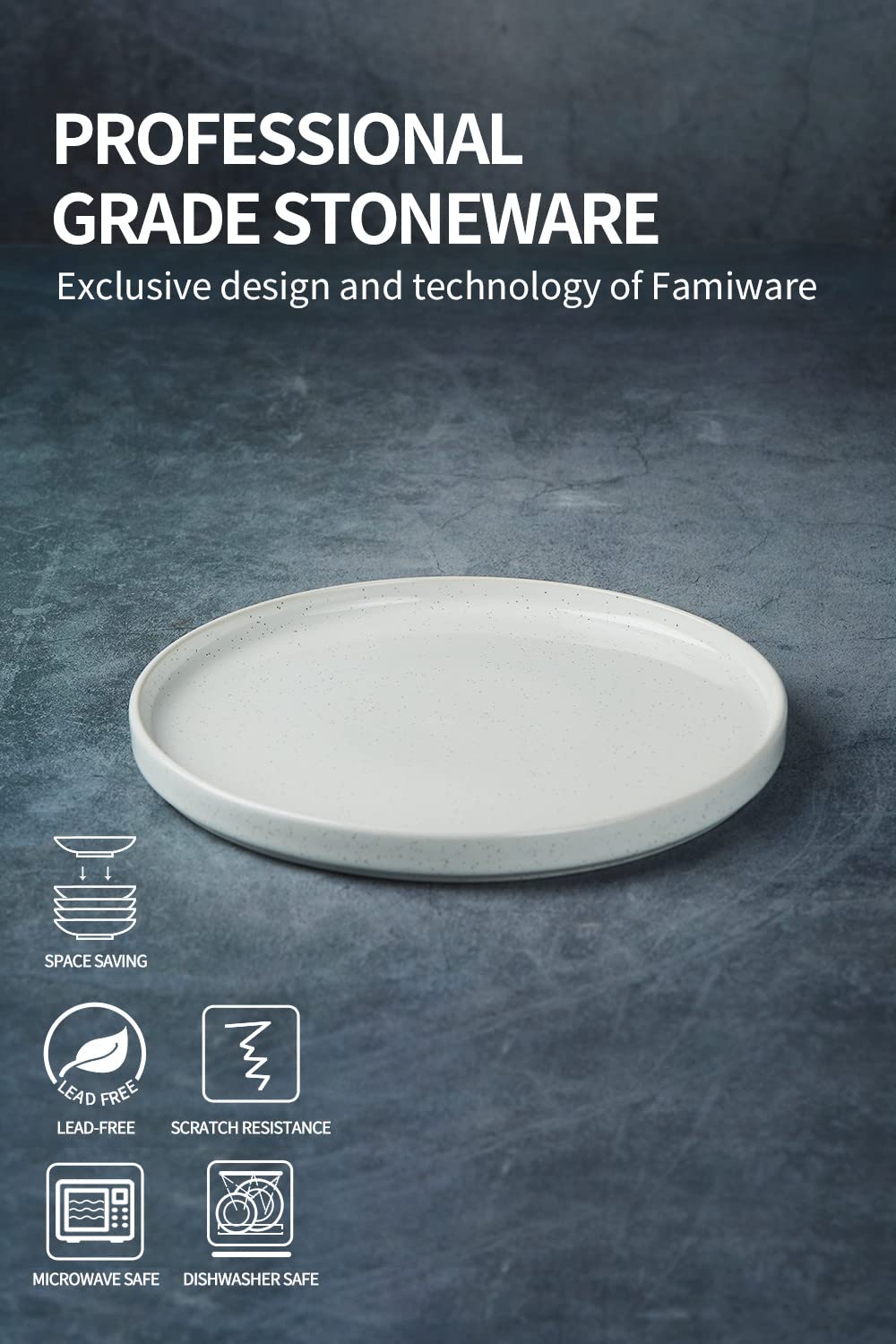 famiware Nebula 6 Pieces Dinner Plates, 10.2 inch Plates Set, Scratch Resistant, Stoneware Dinnerware, Kitchen Modern Rustic Dishes, White