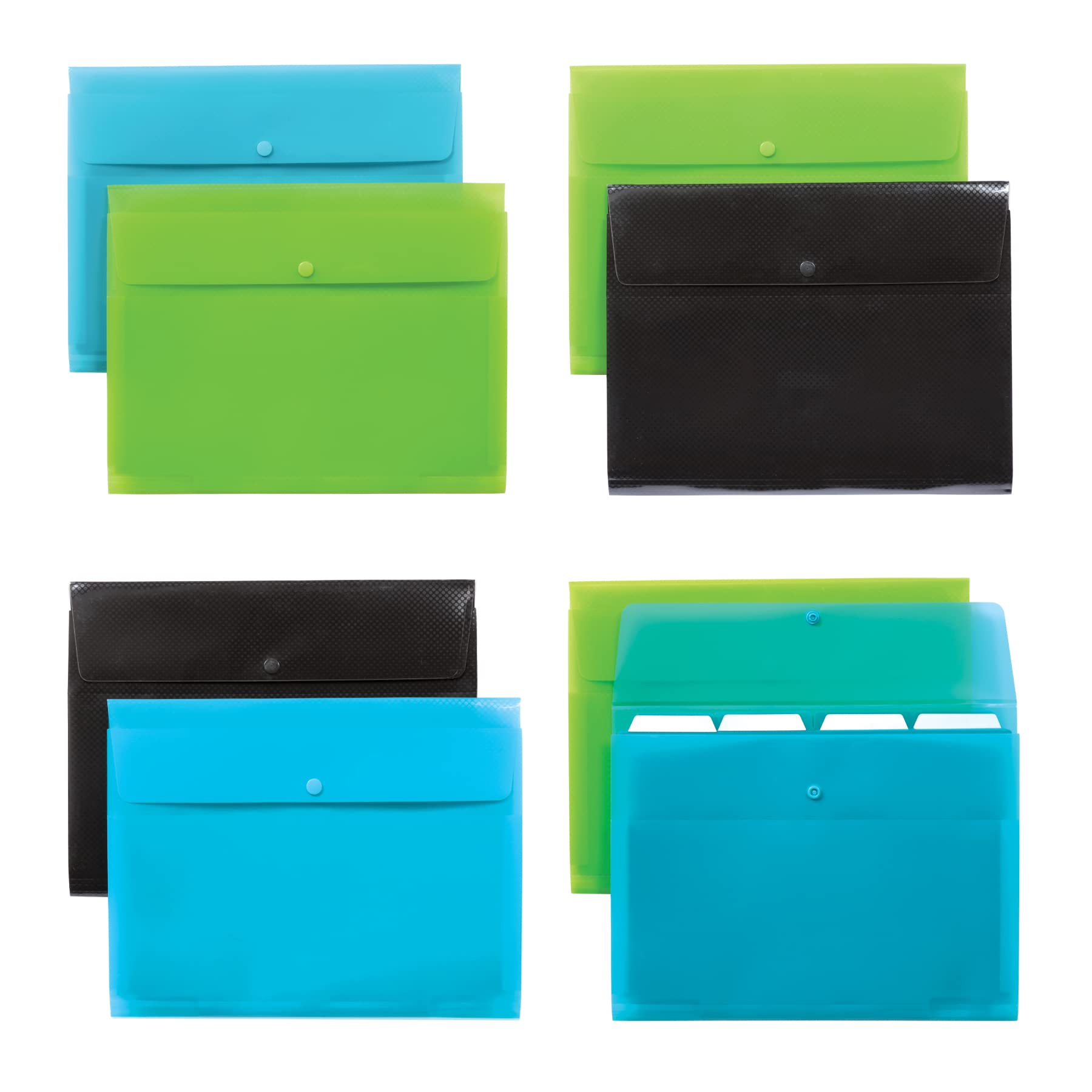 Oxford Plastic Expanding Files, 8 Pack of 5 Pocket File Organizers with 4 Tabs and Snap Closure, Letter Size Paper, 2 Black, 3 Blue, 3 Green (52005)