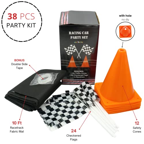 38 Pcs Set - 12 Traffic Cones With Hole on Top, 24 Checkered Flags, Racetrack Floor Runner - for For Race Car Birthday Party Supplies, Table Centerpiece Decorations for Kids by 4E's Novelty