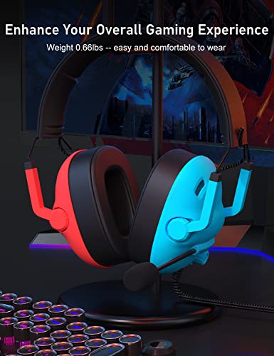 SENZER SG500 Surround Sound Pro Gaming Headset with Noise Cancelling Microphone - Detachable Memory Foam Ear Pads - Portable Foldable Headphones for PC, PS4, PS5, Xbox One, Switch - Red&Blue