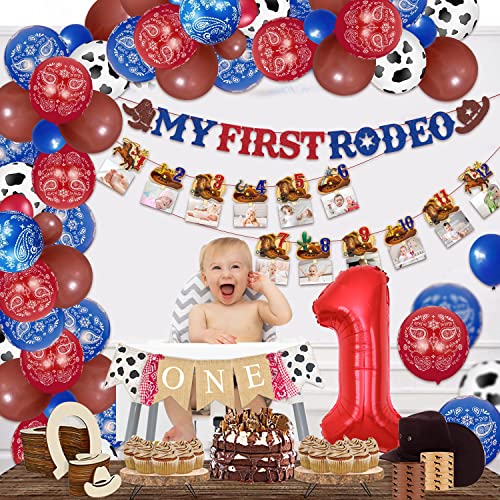 GOGOPARTY My First Rodeo Cowboy 1st Party Decorations - Western Cowboy Theme 1 Year Old Party Supplies, Cow One High Chair Banner, Photo Banner, Balloons, Cowboy Themed Birthday Sets