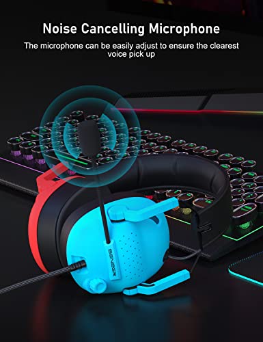 SENZER SG500 Surround Sound Pro Gaming Headset with Noise Cancelling Microphone - Detachable Memory Foam Ear Pads - Portable Foldable Headphones for PC, PS4, PS5, Xbox One, Switch - Red&Blue