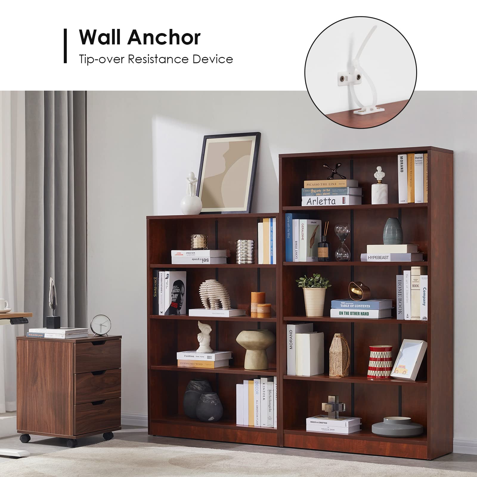 Farini Cherry Bookshelf 5 Shelf Office Bookcase 60 Inches Tall Modern Wood Bookshelf for Living Room Office