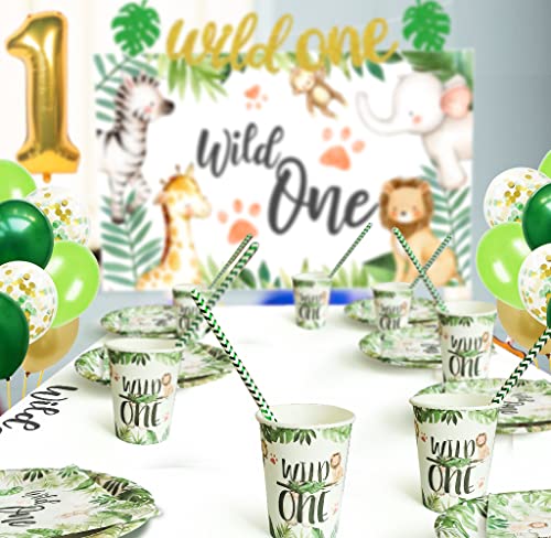FVABO Wild One Birthday Decorations - Jungle Theme Party Supplies Tableware Includes Plates, Cup, Napkin, Balloon, Backdrop, Tablecloth, Straw, Cutlery, Banner, Safari Theme 1st Birthday Decorations