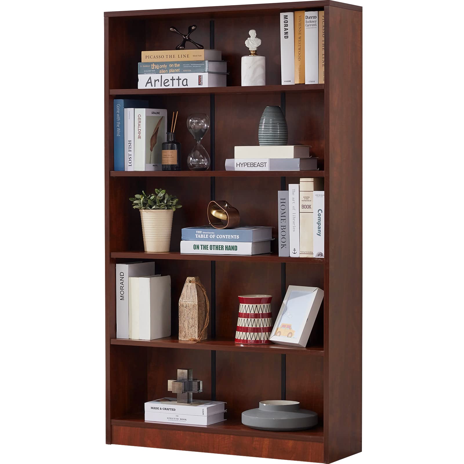 Farini Cherry Bookshelf 5 Shelf Office Bookcase 60 Inches Tall Modern Wood Bookshelf for Living Room Office