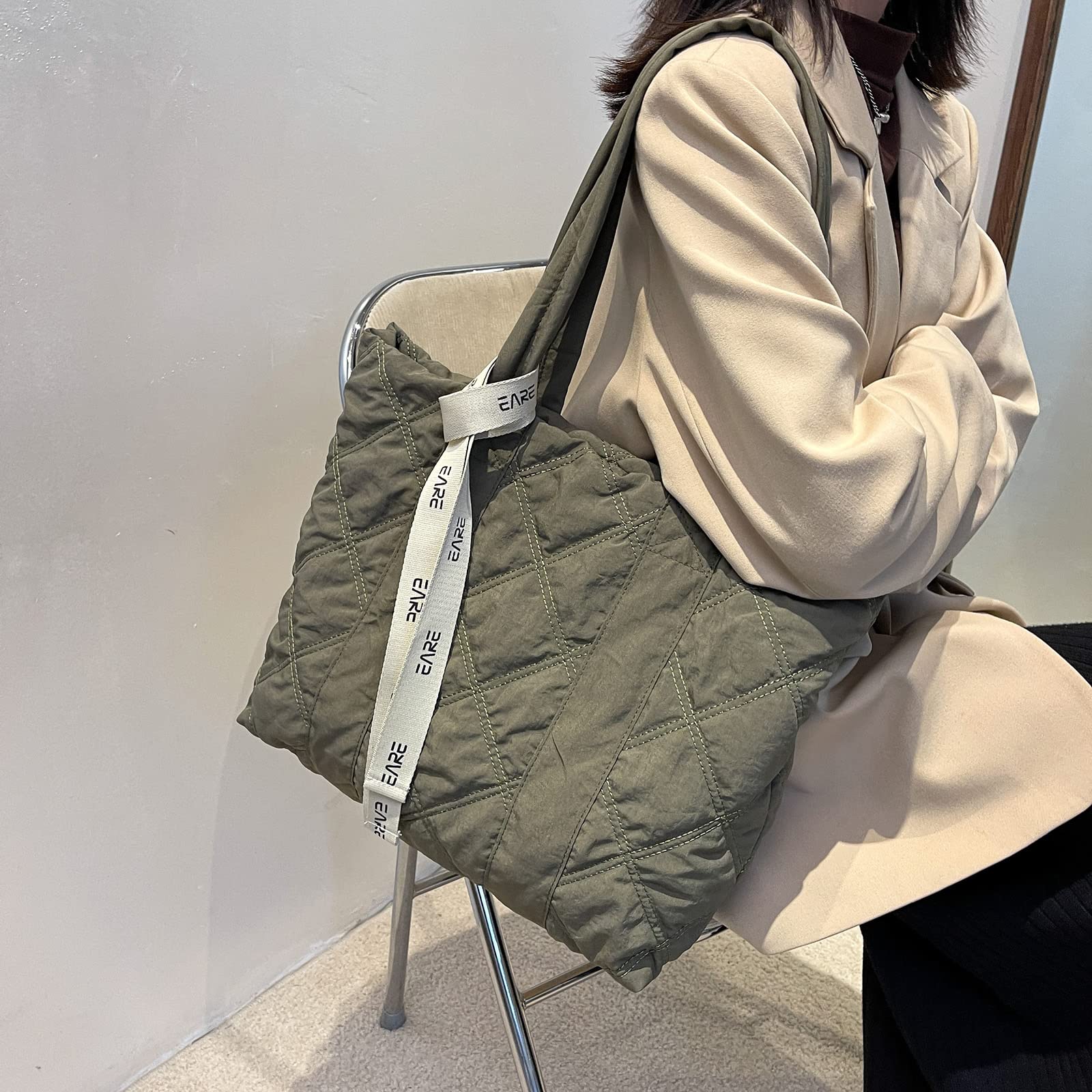 iSamzan Puffer Quilted Tote Bag for Women Puffy Padded Purse with Zipper Work Nylon Soft Purse-Green