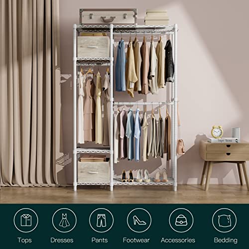 Memobarco Clothes-Rack, Metal Clothing-Rack, Heavy Duty Rolling Garment Rack with 4 Tiers Wire Shelving, 3 Hanging Rods & 2 Storage Drawers, Freestanding Portable Closet Wardrobe, White