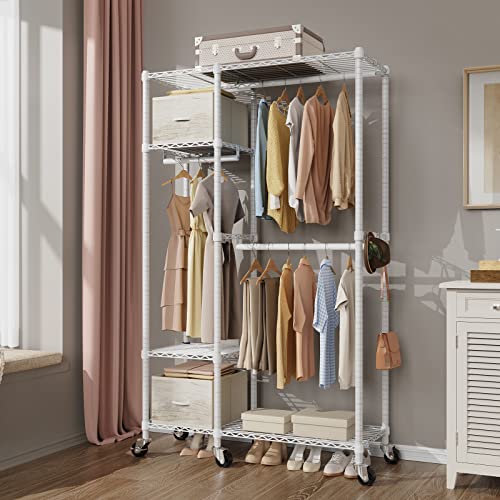 Memobarco Clothes-Rack, Metal Clothing-Rack, Heavy Duty Rolling Garment Rack with 4 Tiers Wire Shelving, 3 Hanging Rods & 2 Storage Drawers, Freestanding Portable Closet Wardrobe, White