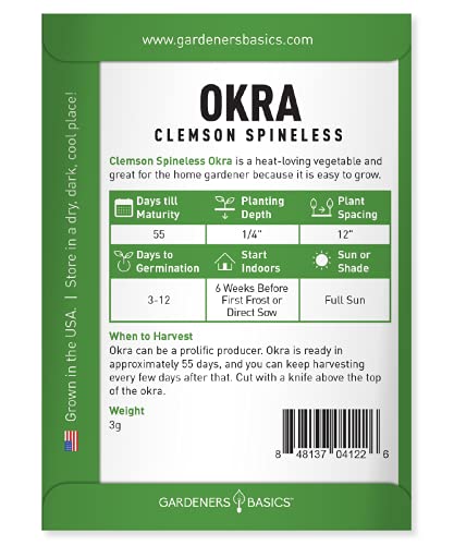 Okra Seeds for Planting - Clemson Spinless Heirloom, Non-GMO Vegetable Variety- 3 Grams Seeds Great for Summer Gardens by Gardeners Basics