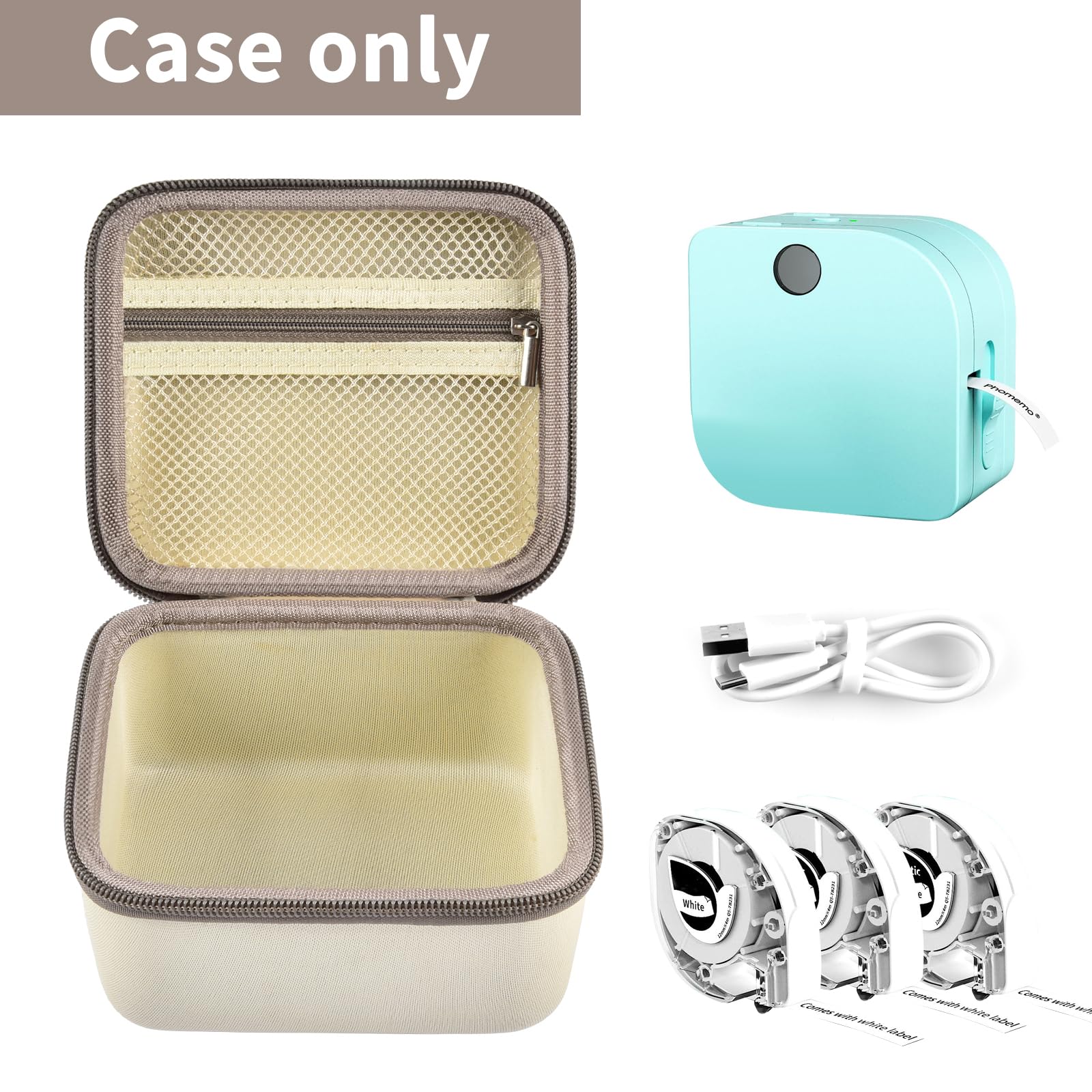 Case for MakeID HD(300dpi) Label Maker Machine with Tape, Hard Travel Carrying Storage Bag Holder with Accessories Mesh Pocket (Box Only)-Beige