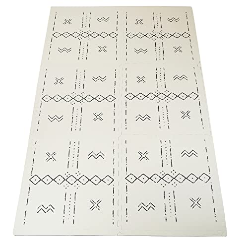 Clevr Extra Large Interlocking EVA Foam Baby Play Mat Soft Stylish Non-Toxic Kids Toddler Play Floor Tiles Mats with Edges 6 pcs 6'x4' Mudcloth Style (Light Beige)