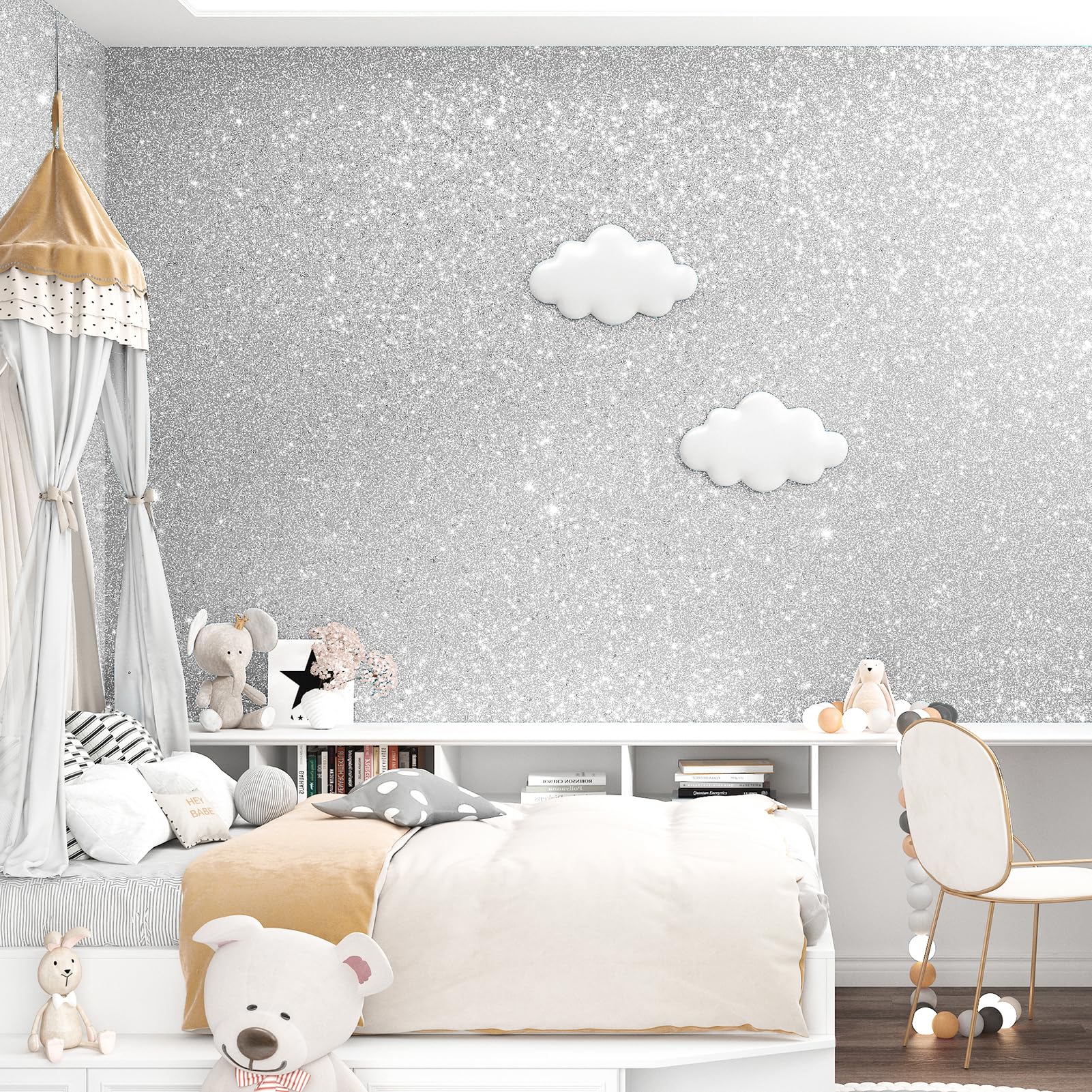 WESTICK Silver Glitter Wallpaper for Bedroom 78" x 15.8" Sparkle Glitter Peel and Stick Wallpaper Self Adhesive Chunky Sparkling Glitter Contact Paper for Walls Cabinets Salon Showcase Decor DIY
