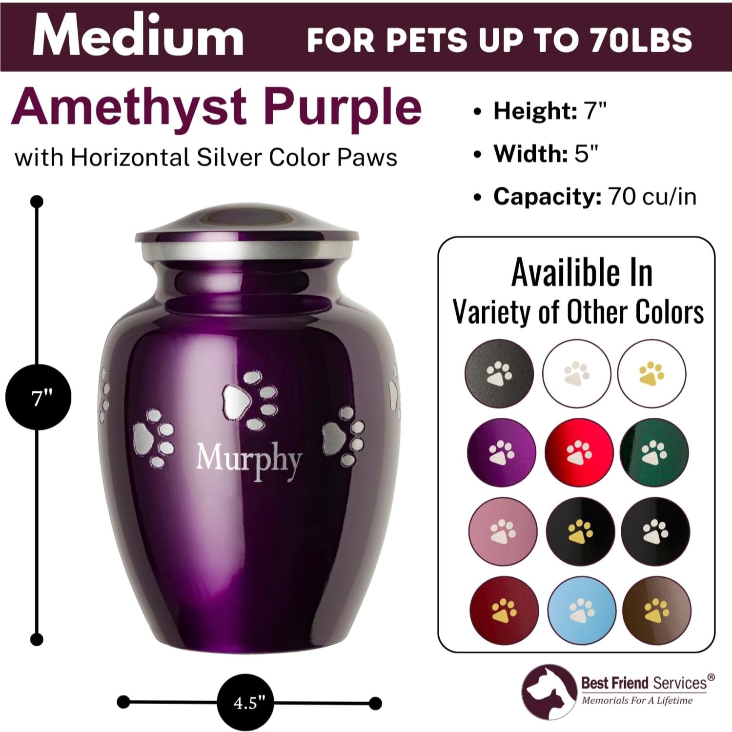 Best Friend Services Pet Urn for Dogs and Cats with Personalized Laser Engraving, Ottillie Paws Premier Series Memorial Urns (Medium Amethyst Purple with Horizontal Pewter Paws)