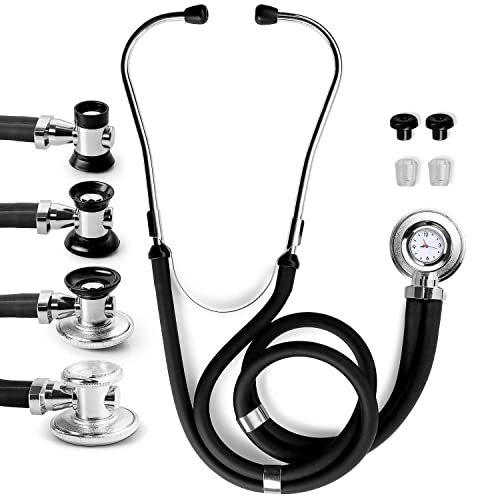 Primacare DS-9298 Black Medical Clock Stethoscope with Analog Watch, 22" Tubing Convertible Regular Sprague Rappaport Stethoscopes, First Aid Emergency Essential Kits with Headset