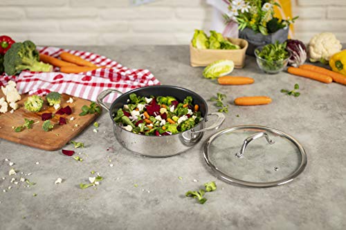 KUHN RIKON Allround Oven-Safe Induction Non-Stick Serving Pan with Glass Lid, 28 cm, Stainless Steel, Silver