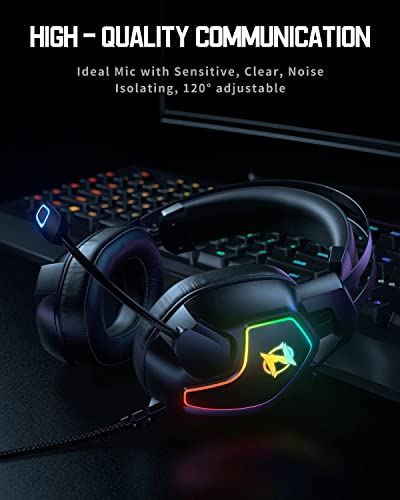 Gaming Headset for Xbox One PS4 PS5 PC Switch, Noise Canceling Headphones with Microphone, 3.5mm Audio Jack, Auto-Adjust Headband, 50mm Drivers, RGB Light, Lightweight Wired Gaming Headphones-Black