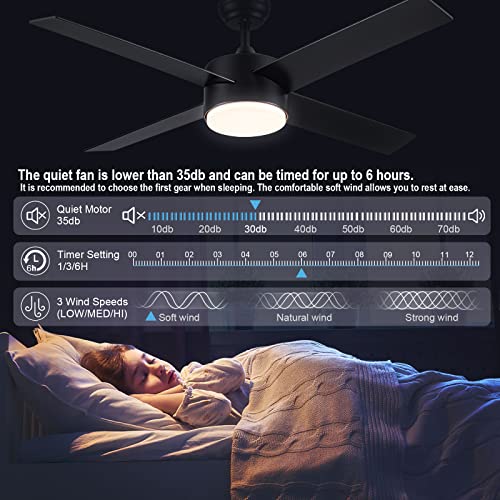 SNJ 52 inch Black Ceiling Fans with Lights and Remote, Low Profile, Modern, Ceiling Fan, Bedroom, Indoor, Outdoor, Home, Fandelier, LED, Dimmable, Tri-Color Temperature, Quiet Reversible, 1084…