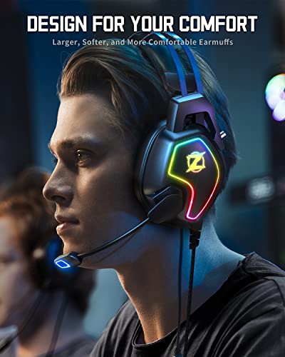 Gaming Headset for Xbox One PS4 PS5 PC Switch, Noise Canceling Headphones with Microphone, 3.5mm Audio Jack, Auto-Adjust Headband, 50mm Drivers, RGB Light, Lightweight Wired Gaming Headphones-Black