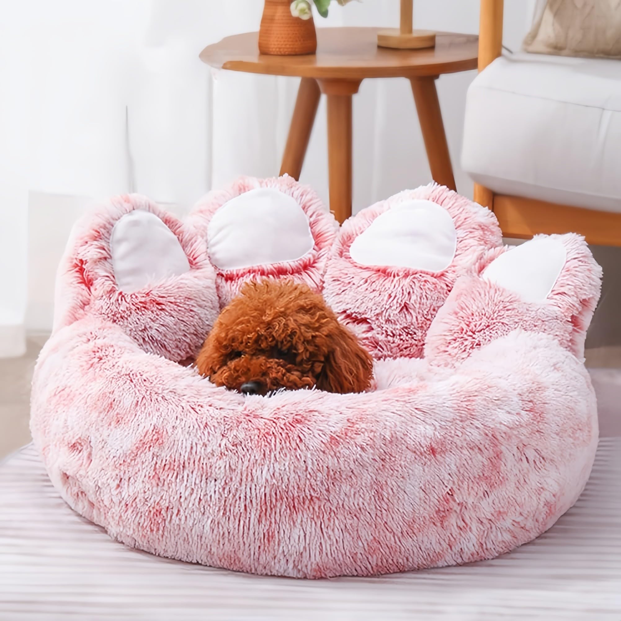 SEAHOME Dog Bed Cat Pet Sofa Cute Bear Paw Shape Comfortable Cozy Pet Sleeping Beds for Small, Medium, and Large Dogs and Cats, Soft Fluffy Faux Fur Cat Cushion Dog Bed (Small 22'' x 22'', Pink)
