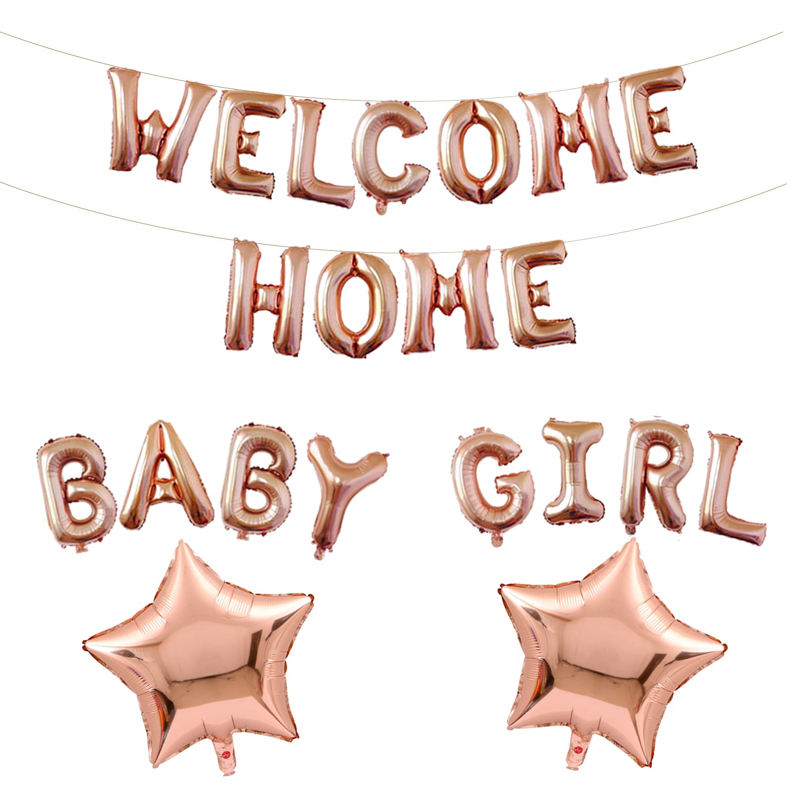 Welcome Home Baby Girl Letter Balloon Banner with Star Foil Balloons for Newborn Baby Girl Baby Shower Home Family Party Decorations(Rose Gold)