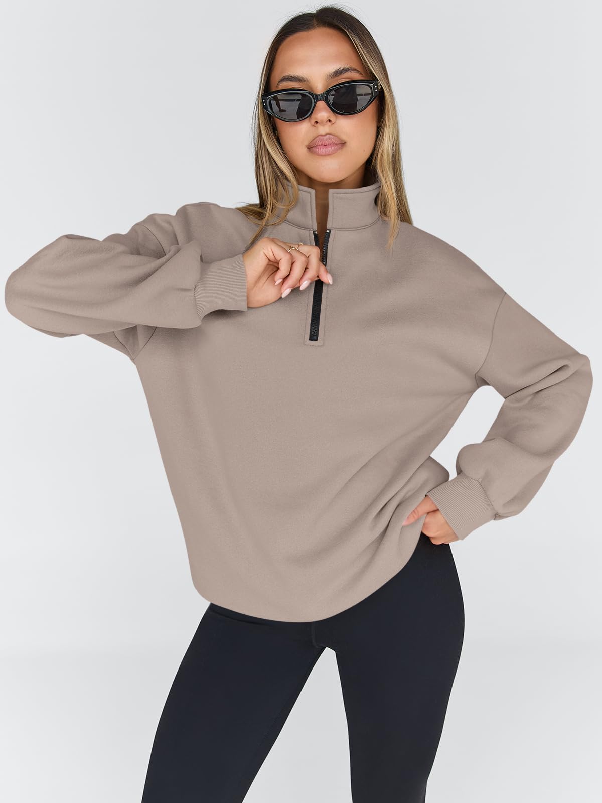 Trendy Queen Womens Oversized Sweatshirts Fall Fashion Hoodies Half Zip Pullover Long Sleeve Shirts Clothes Outfits CoffeeGrey S