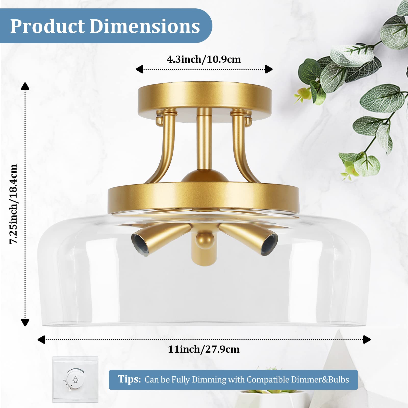 3-Light Gold Semi Flush Mount Ceiling Light Fixture, Modern Drum Glass Shade Ceiling Lamp for Living Room, Kitchen, Bedroom, Hallway, Bathroom, Laundry - E12 Socket, No Bulbs