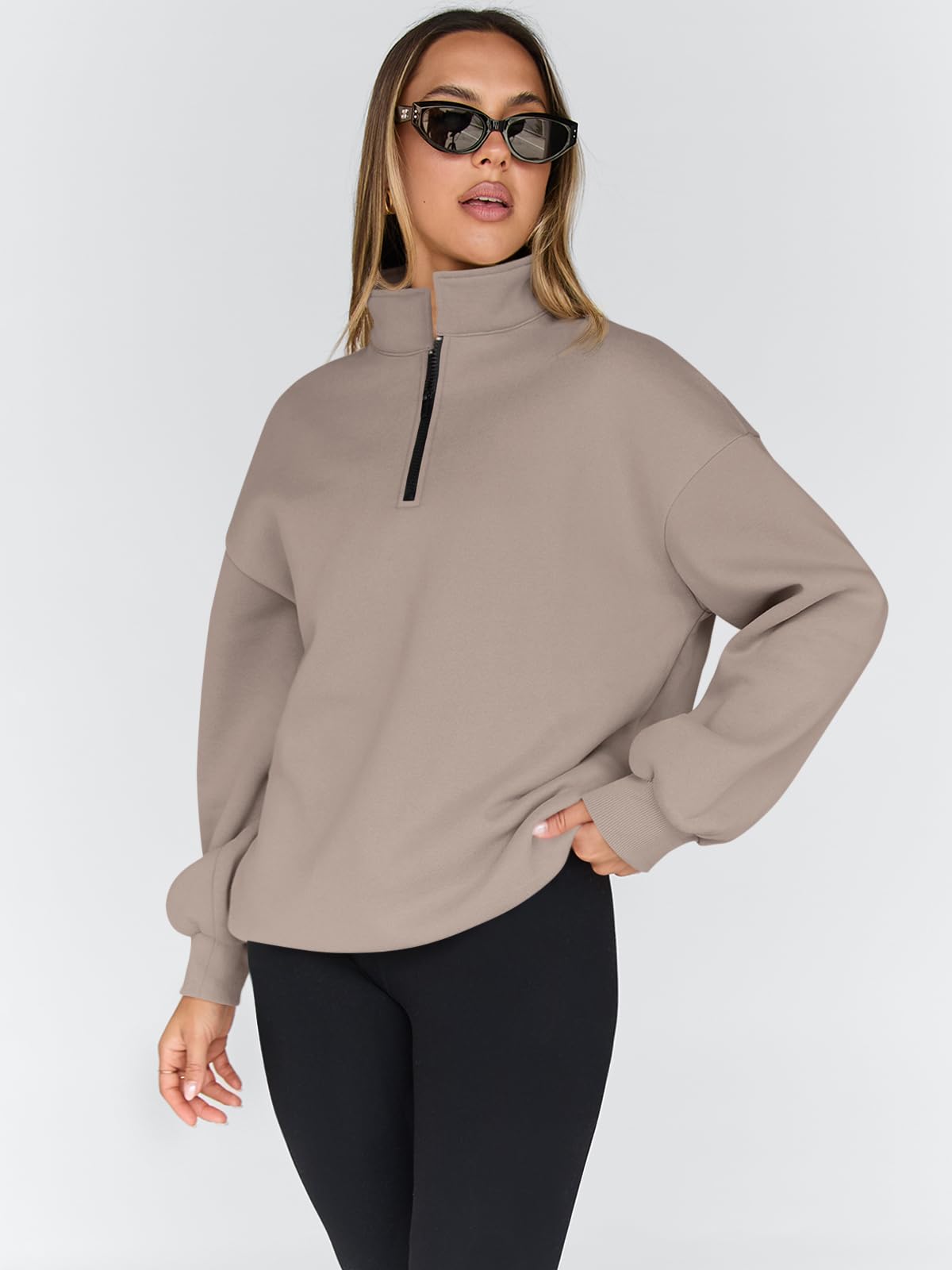 Trendy Queen Womens Oversized Sweatshirts Fall Fashion Hoodies Half Zip Pullover Long Sleeve Shirts Clothes Outfits CoffeeGrey S