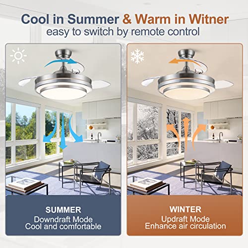 POCHFAN Retractable Ceiling Fan with Lights Remote Control, 42 Inch Modern Ceiling Fan for Bedroom Living Room in 3 Color Changeable,Timer, Noiseless DC Motor, 6 Speed, Brush Nickel, LED Ceiling Fans