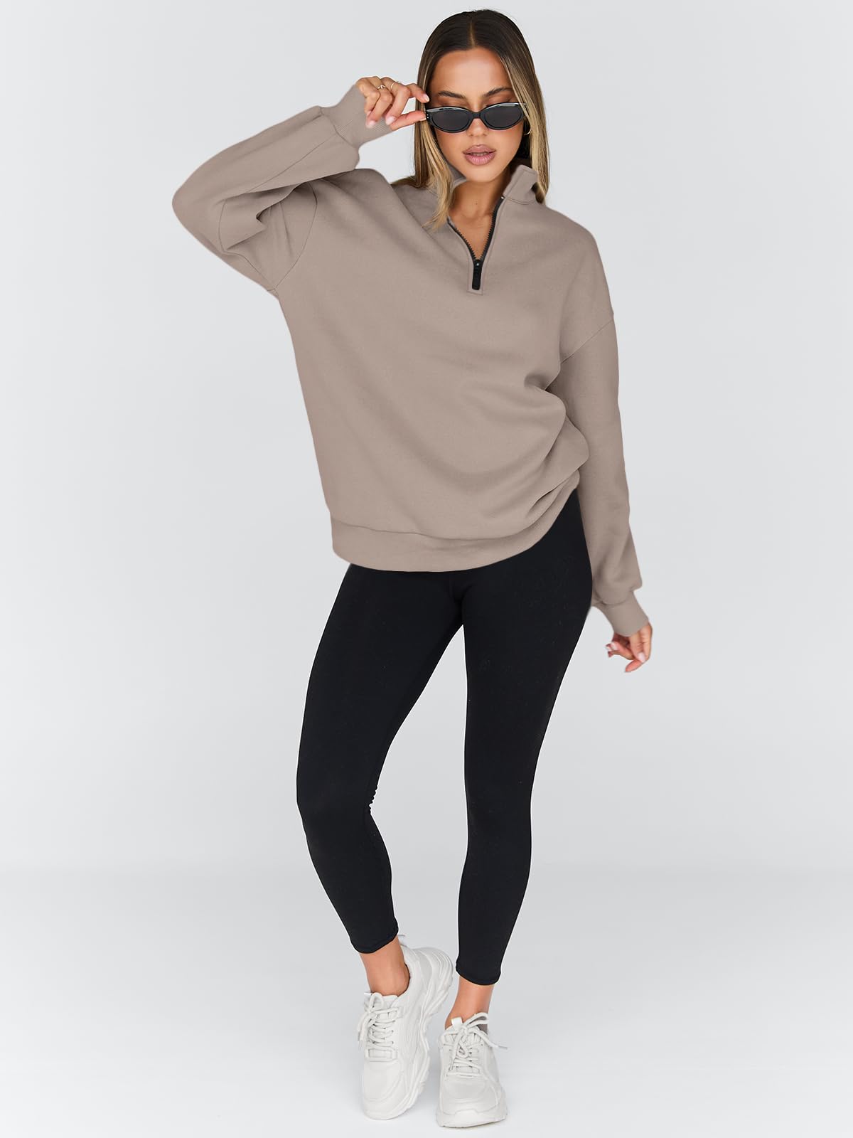 Trendy Queen Womens Oversized Sweatshirts Fall Fashion Hoodies Half Zip Pullover Long Sleeve Shirts Clothes Outfits CoffeeGrey S
