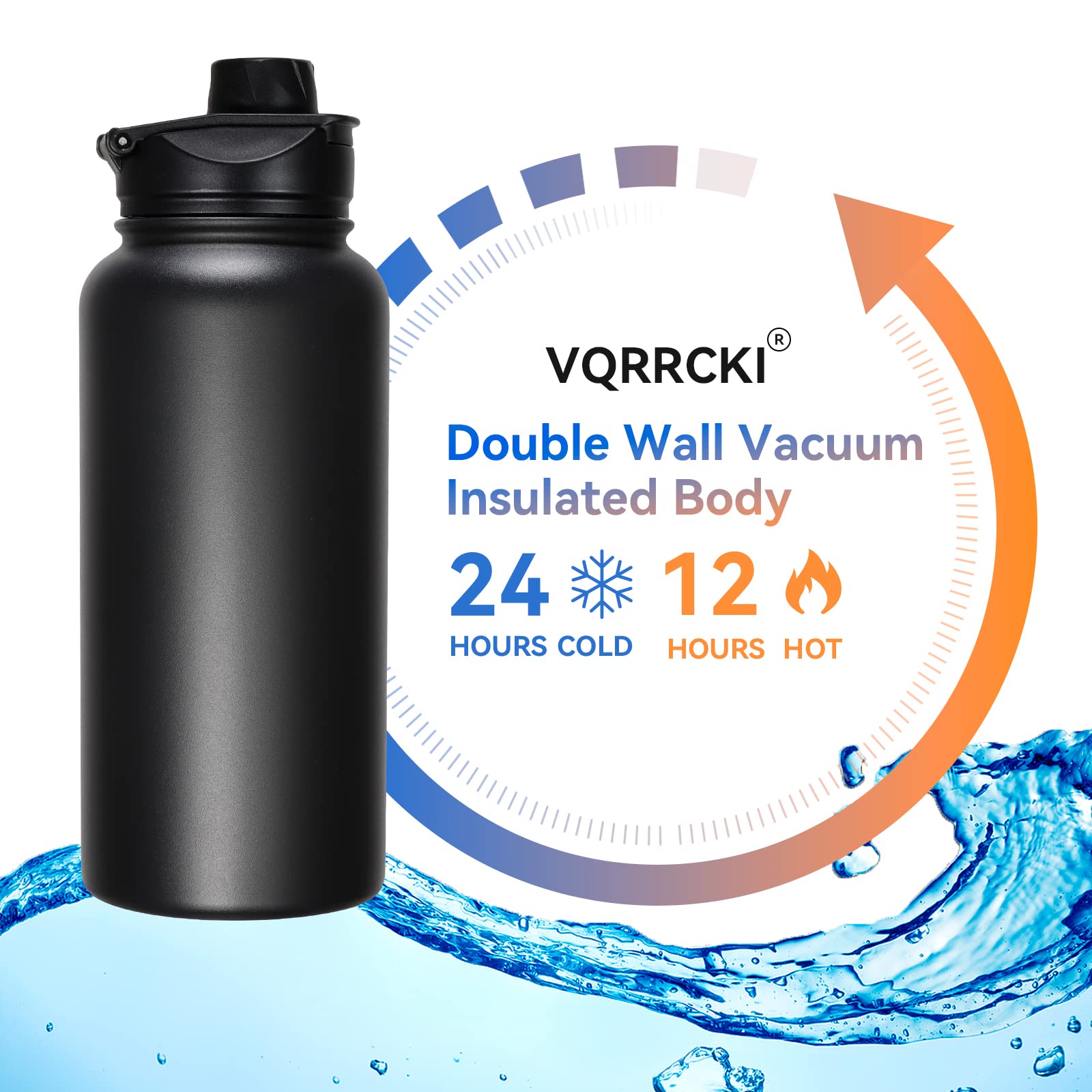VQRRCKI 32 oz Insulated Water Bottle Bulk 4 Pack, Stainless Steel Sports Water Bottles with Straw Lid & Wide Mouth Lids, Double Walled Vacuum, Leak Proof, Black