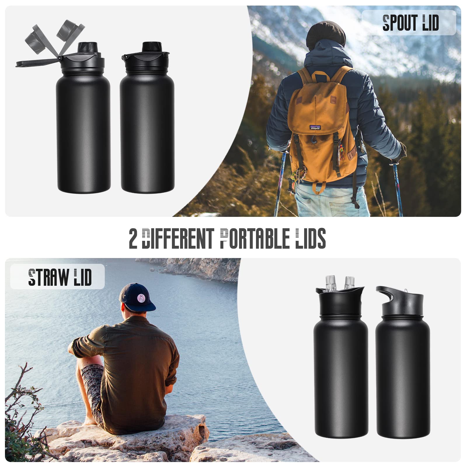 VQRRCKI 32 oz Insulated Water Bottle Bulk 4 Pack, Stainless Steel Sports Water Bottles with Straw Lid & Wide Mouth Lids, Double Walled Vacuum, Leak Proof, Black