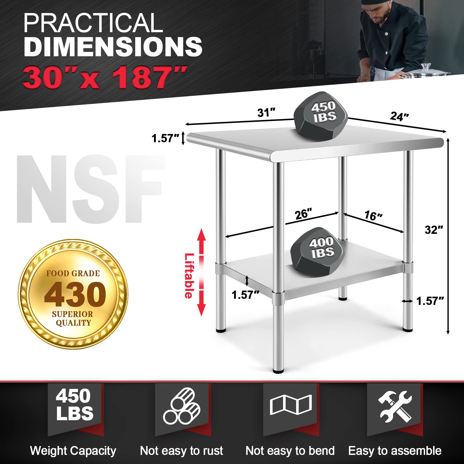 Land Guard Stainless Steel Prep Table - Commercial Work Table with Adjustable Undershelf, Scratch Resistent and Easy to Install Metal Table for Restaurant, Hotel, Home, Garage…