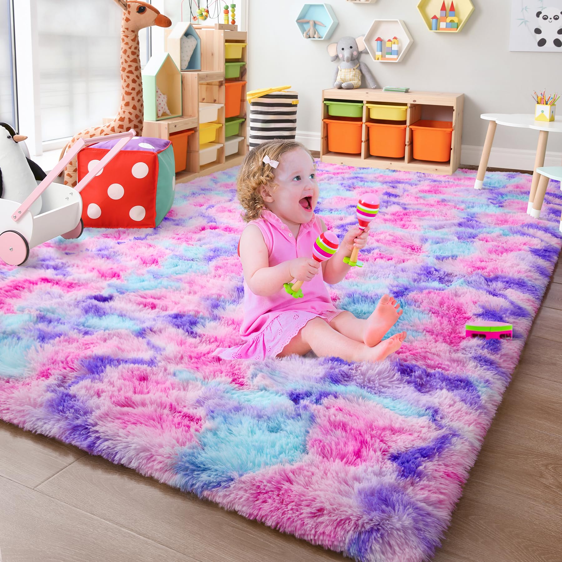 Chicrug Cute Fluffy Area Rug for Girls Bedroom, 5x8 Feet Fluffy Kids Rug for Room Decor, Shag Soft Dorm Playroom Rug, Bedside Rug for Baby Nursery Room, Hot Pink