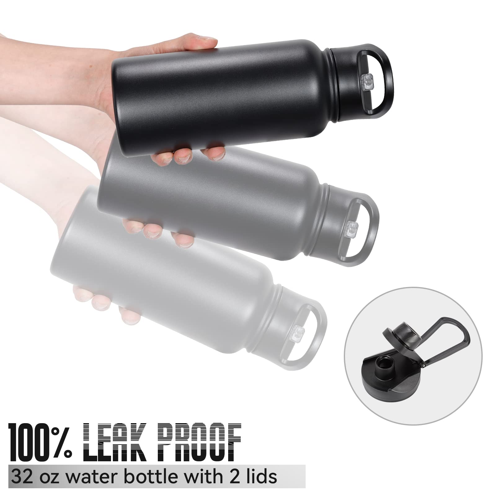 VQRRCKI 32 oz Insulated Water Bottle Bulk 4 Pack, Stainless Steel Sports Water Bottles with Straw Lid & Wide Mouth Lids, Double Walled Vacuum, Leak Proof, Black