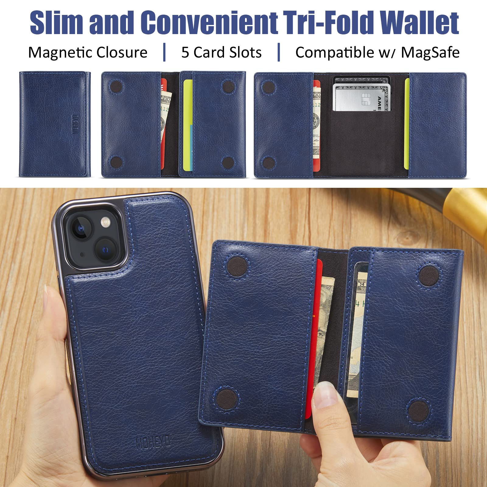 MOHEYO Designed for iPhone 14 Plus Case Removable Wallet Card Holder Magnetic Compatible with MagSafe Slim Thin Vegan Leather Cover (Blue)