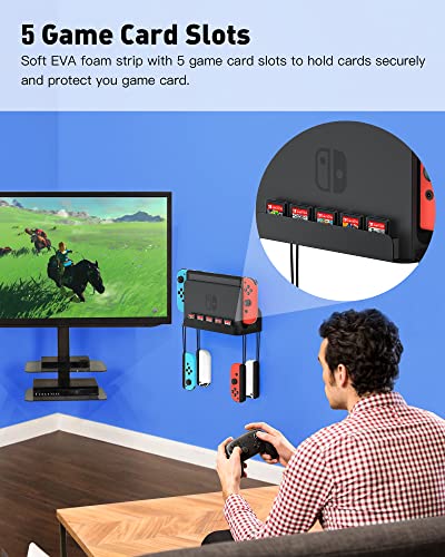 ZAONOOL Wall Mount for Nintendo Switch and Switch OLED, Wall Mount Kit Shelf Stand Accessories with 5 Game Card Holders and 4 Joy Con Hanger, Safely Store Your Switch Console Near or Behind TV (Black)