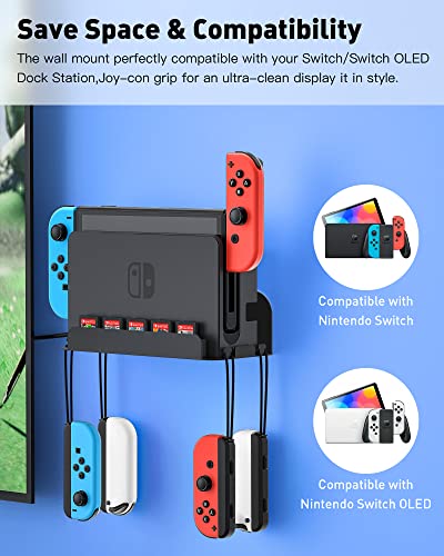 ZAONOOL Wall Mount for Nintendo Switch and Switch OLED, Wall Mount Kit Shelf Stand Accessories with 5 Game Card Holders and 4 Joy Con Hanger, Safely Store Your Switch Console Near or Behind TV (Black)