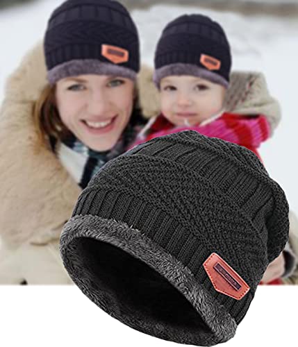T WILKER 2Pcs Kids Winter Knitted Hats+Neck Set Warm Fleece Lining Cap for 5-14 Year Old Boys Girls (E-Black (hat+neck))