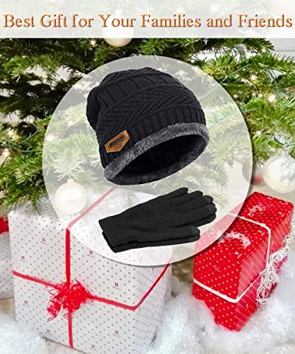 T WILKER 2Pcs Kids Winter Knitted Hats+Neck Set Warm Fleece Lining Cap for 5-14 Year Old Boys Girls (E-Black (hat+neck))