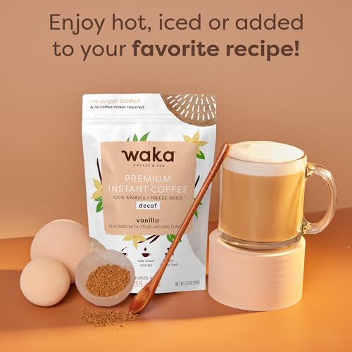 Waka Instant Coffee, Decaffeinated Vanilla Flavored - 100% Arabica Beans, Freeze Dried Granules, No Sugar or Additives - Bulk Bag for Quick Hot and Iced Coffees, Up to 35 Cups (3.5oz)