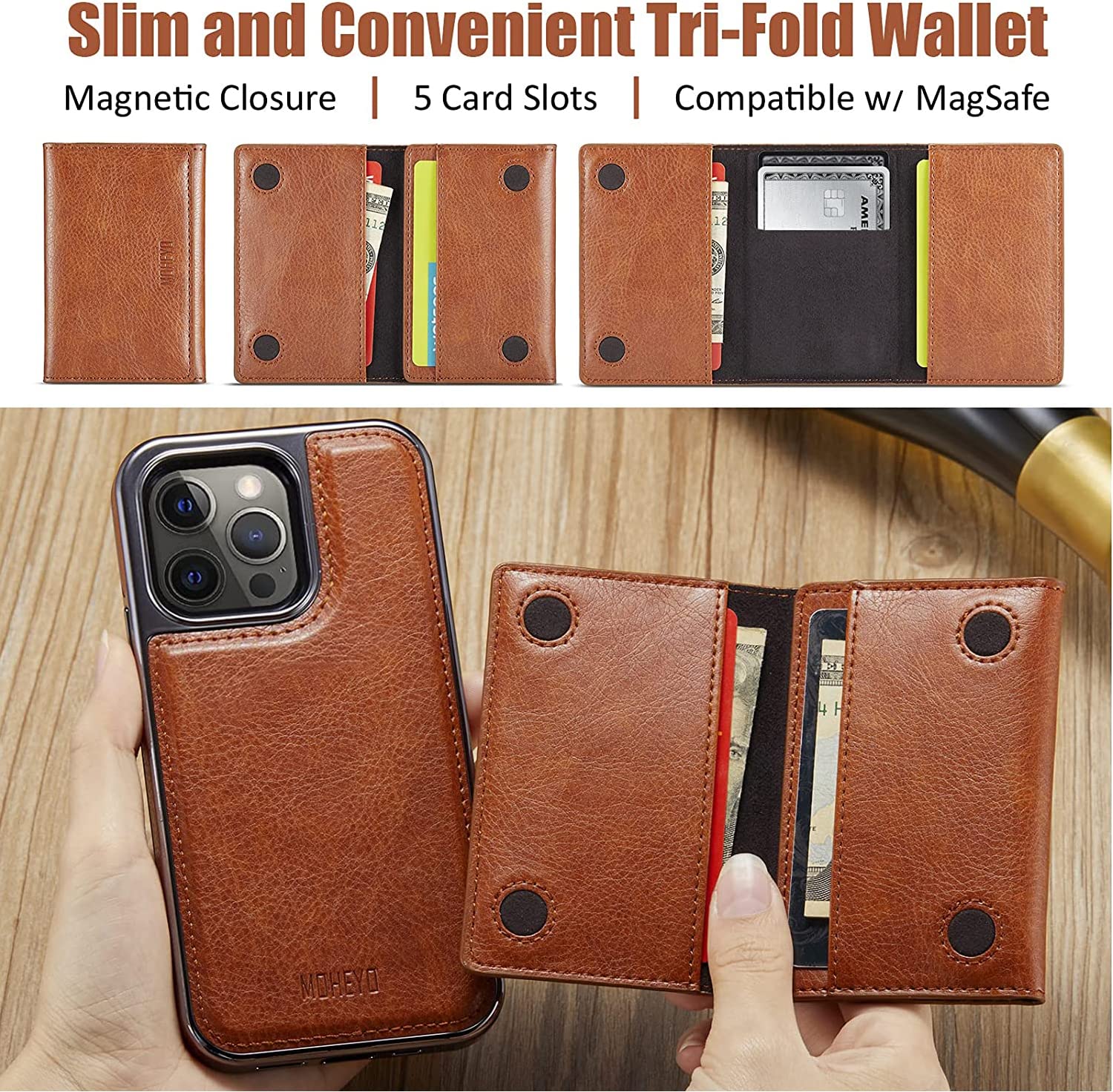 MOHEYO Designed for iPhone 14 Pro Max Case Compatible with MagSafe Removable Wallet Card Holder Magnetic Slim Thin Vegan Leather Cover (Brown)