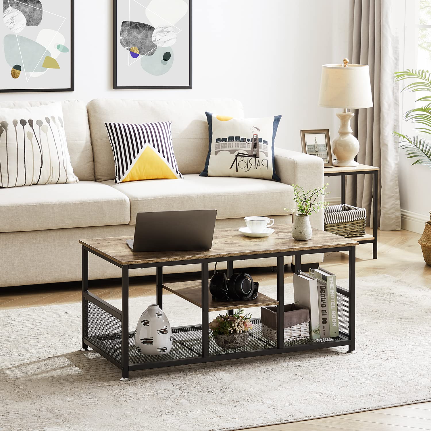 VECELO Coffee Center Table with Storage for Living Room Office Reception, Industrial Mesh Shelf, 39.4 Inch, Grey