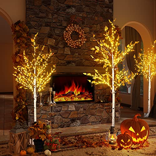 Recaceik Light Fall Maple Trees with 360 LEDs, Set of 3 Artificial Pre-Lit LED Christmas Tree Maple Leaf 4' 5' 6' for Autumn Fall Decor Halloween Thanksgiving Festival Wedding Party, White