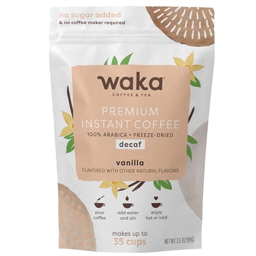 Waka Instant Coffee, Decaffeinated Vanilla Flavored - 100% Arabica Beans, Freeze Dried Granules, No Sugar or Additives - Bulk Bag for Quick Hot and Iced Coffees, Up to 35 Cups (3.5oz)