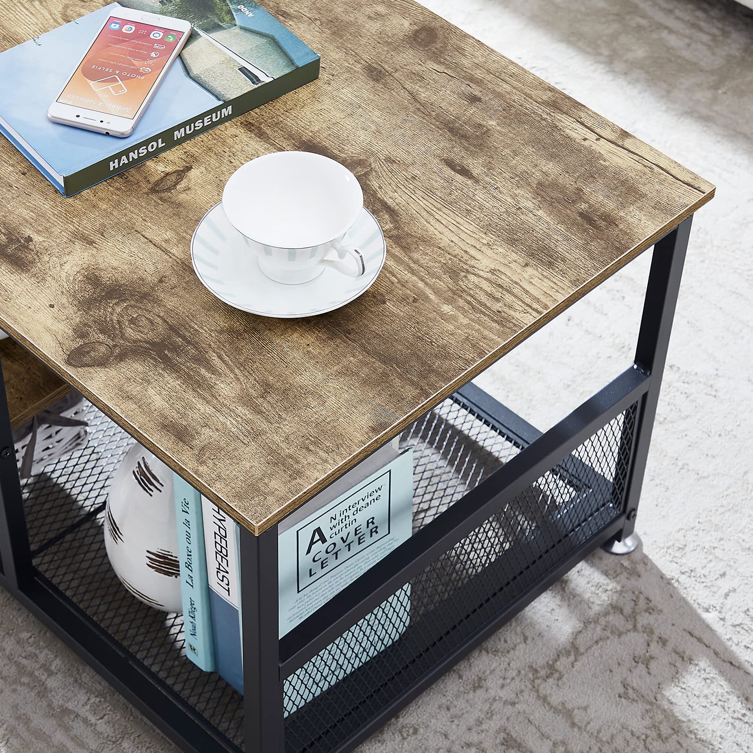 VECELO Coffee Center Table with Storage for Living Room Office Reception, Industrial Mesh Shelf, 39.4 Inch, Grey