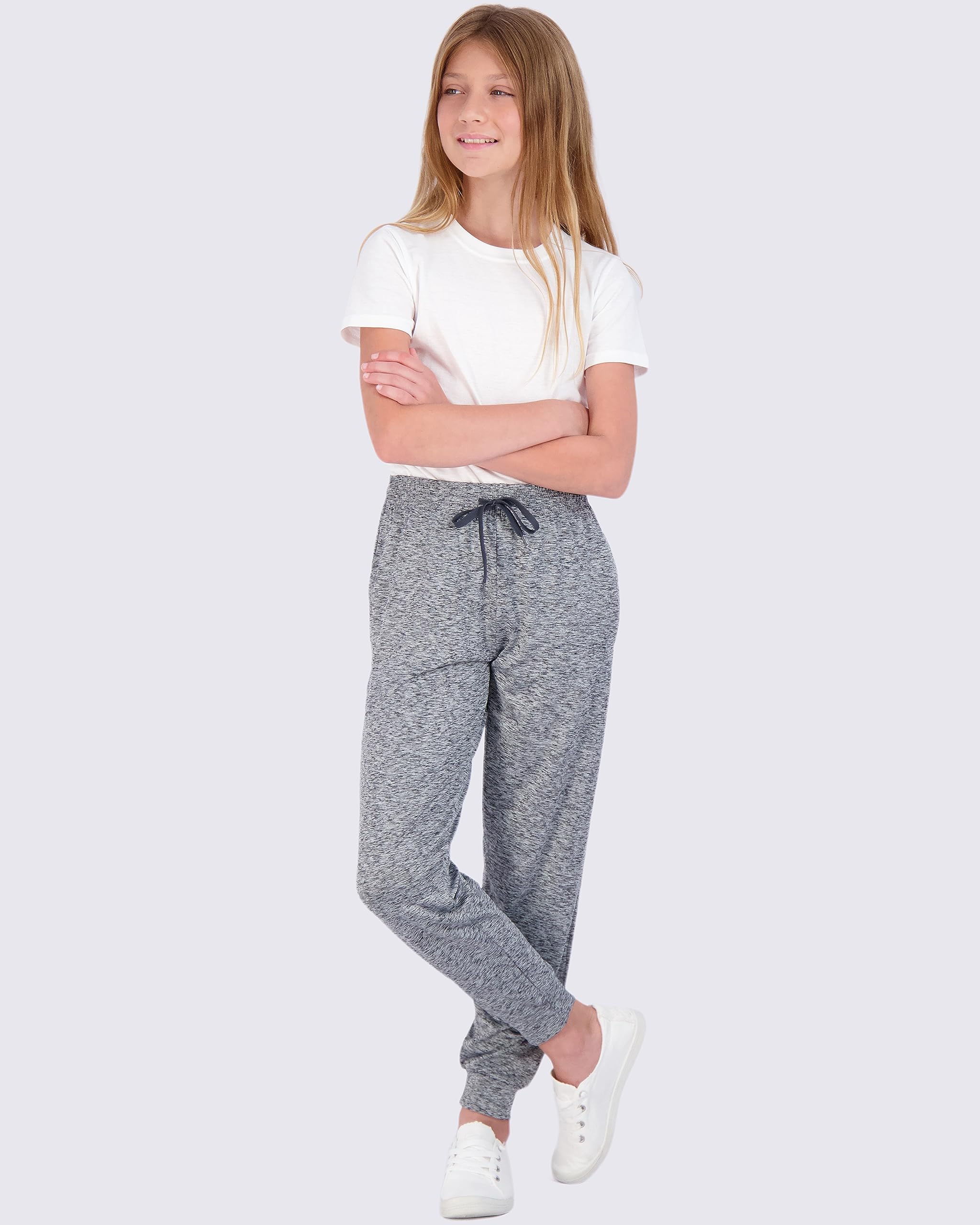 Real Essentials Girl's Dry Fit Joggers Sweatpants | Soft Athletic Pants for Teens & Kids | Casual Running & Sports | Joggers with Pockets & Drawstring - Set 5, Small (Pack of 3)