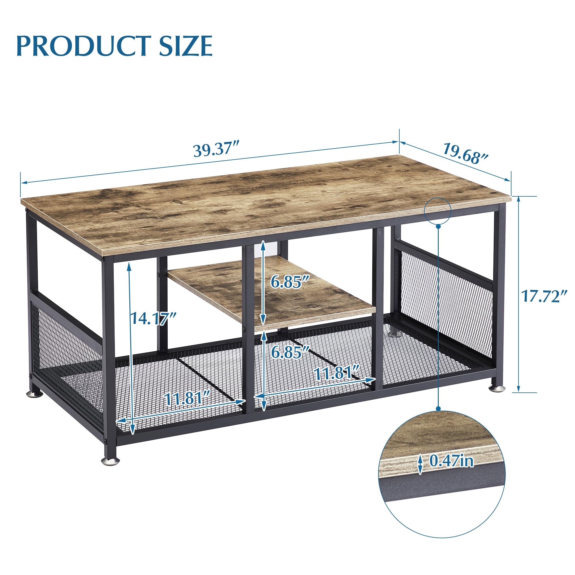 VECELO Coffee Center Table with Storage for Living Room Office Reception, Industrial Mesh Shelf, 39.4 Inch, Grey